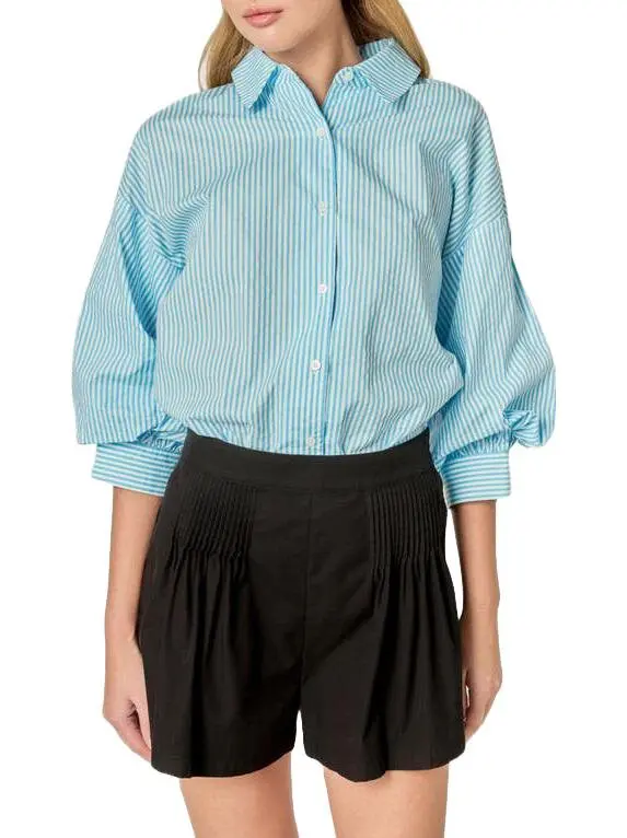 English Factory Striped Puff Sleeve Button-up Shirt - Powder Blue