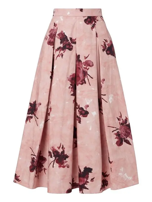 Erdem Floral Pleated Cotton Poplin Midi Skirt - Pink