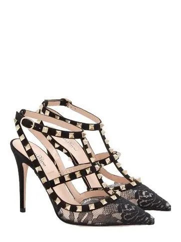 Valentino Garavani Rockstud Lace Pump With Straps - Black