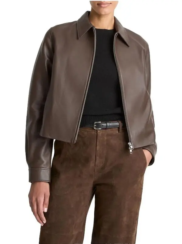 Vince Leather Cropped Zip-front Jacket - Brown