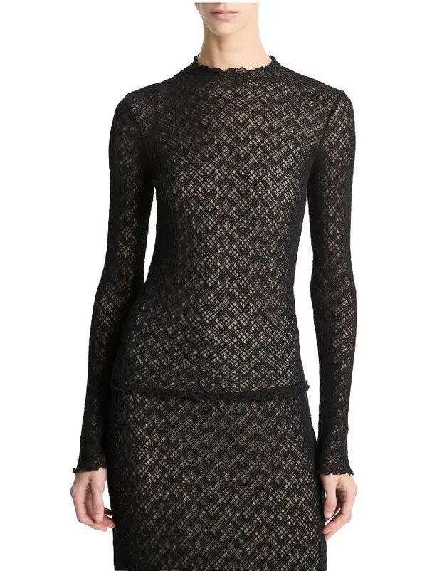 Vince Cotton-blend Diamond Lace Mock-neck Long-sleeve Top - Black
