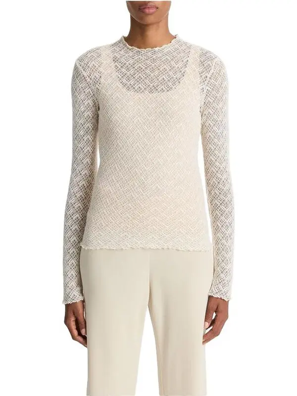 Vince Cotton-blend Diamond Lace Mock-neck Long-sleeve Top - Neutral