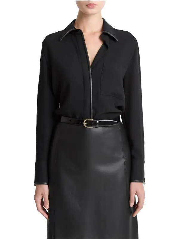 Vince Faux-leather-trim Crepe Button-front Shirt - Black