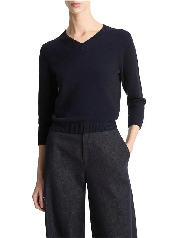 Vince Wool & Cashmere-blend Three-quarter-sleeve V-neck Sweater - Black