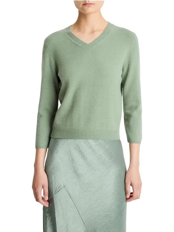 Vince Wool & Cashmere-blend Three-quarter-sleeve V-neck Sweater - Natural