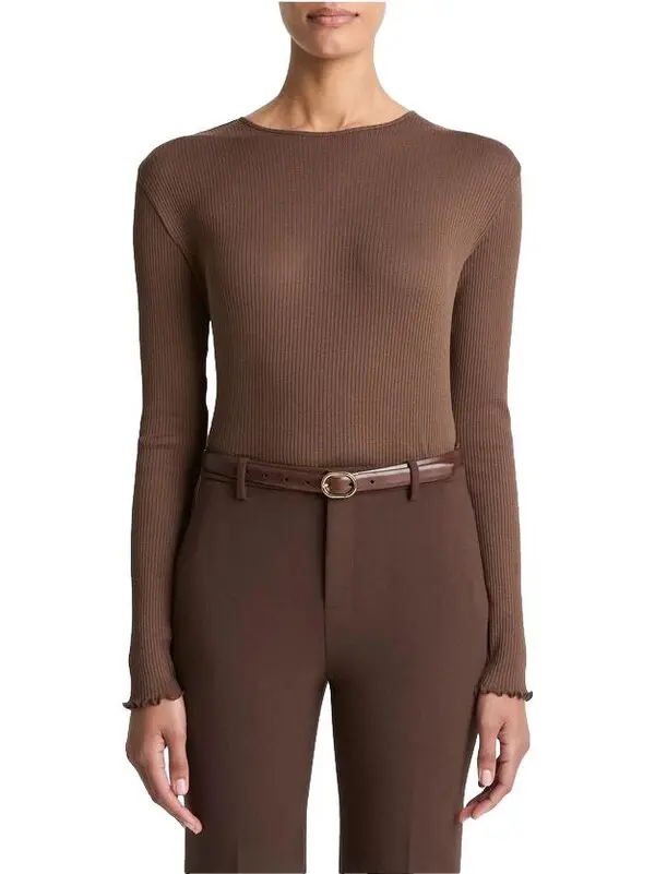 Vince Ruffled-edge Pima Cotton Long-sleeve T-shirt - Brown