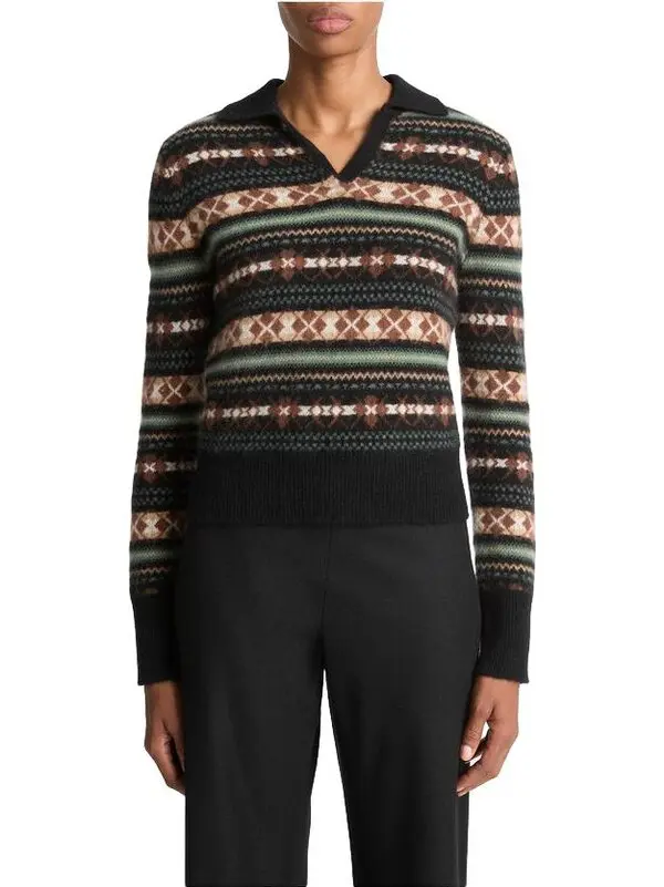 Vince Fair Isle Cashmere Polo Sweater - Red
