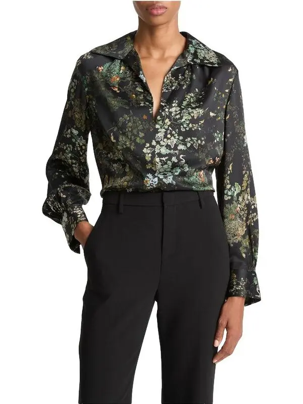 Vince Smocked Grape Vine Silk Blouse - Black