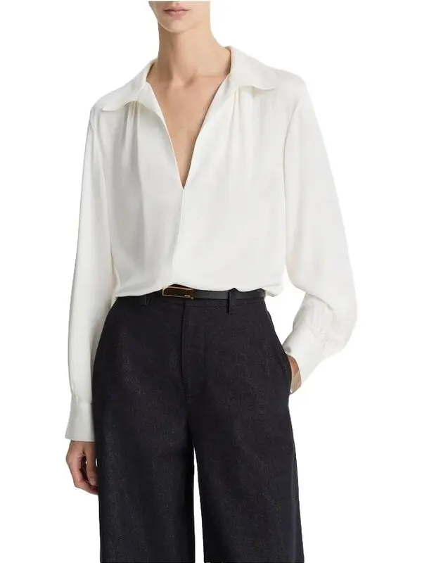 Vince Smocked Silk-blend Long-sleeve Blouse - White