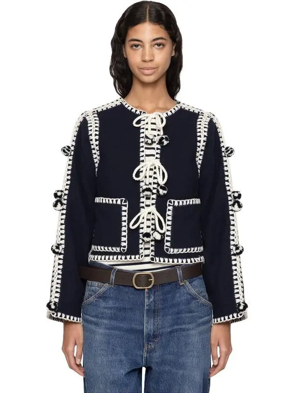 Sea Addison Pom Pom Crochet Jacket - Black