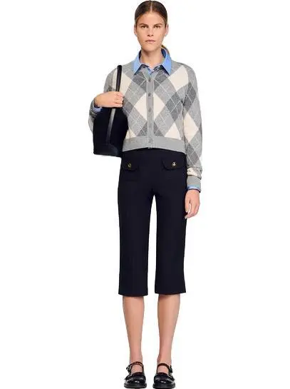 Sandro Argyle Pattern Cardigan - Black / White / Pink / Gray