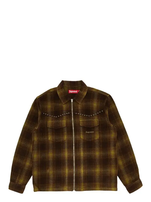 Supreme Studded Shadow Plaid Zip Up Shirt - Green