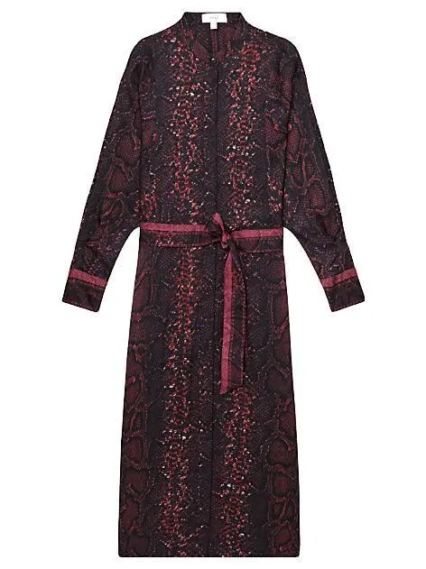 REISS Snake-print Belted Woven Midi Dress - Burgundy Black