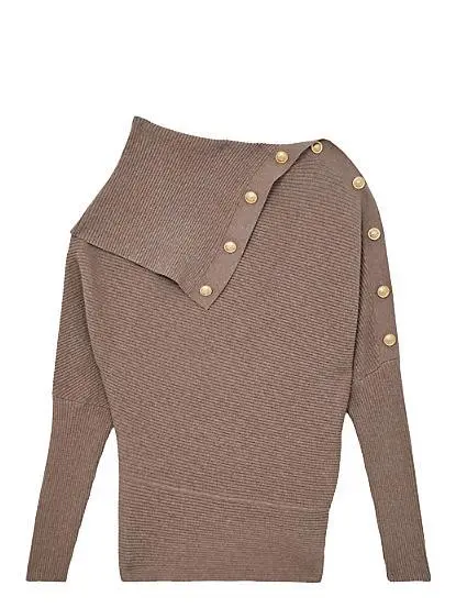 REISS Stretch-knit Jumper With Shawl Collar - Taupe