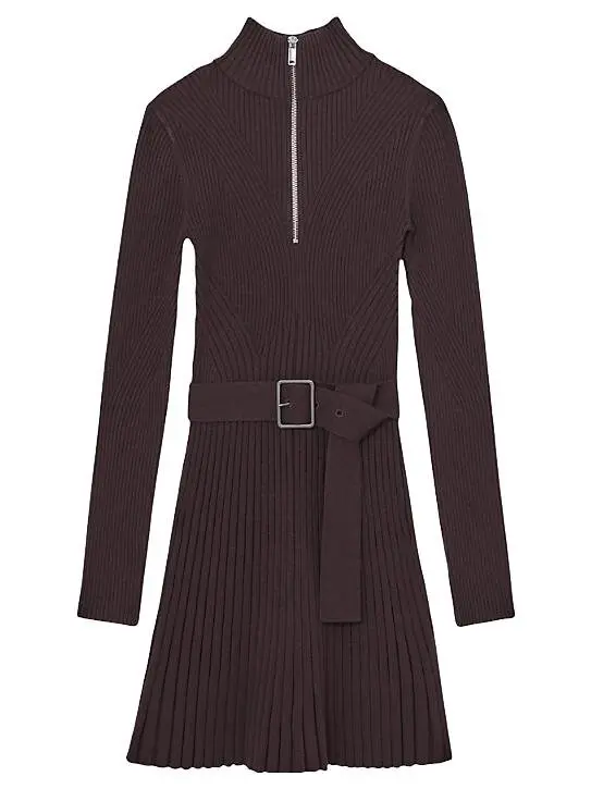 REISS Vienna Zip-neck Mini Dress - Plum Purple