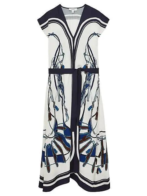 REISS Gemma Tie-belt Woven Midi Dress - Blue Brown