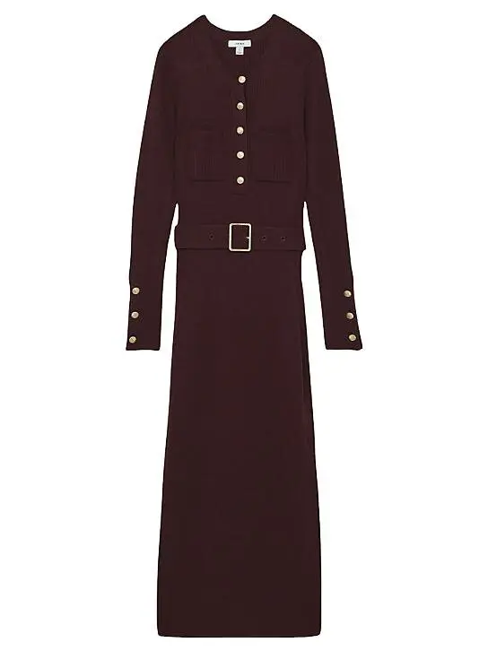 REISS Button-down Stretch-knit Midi Dress - Burgundy
