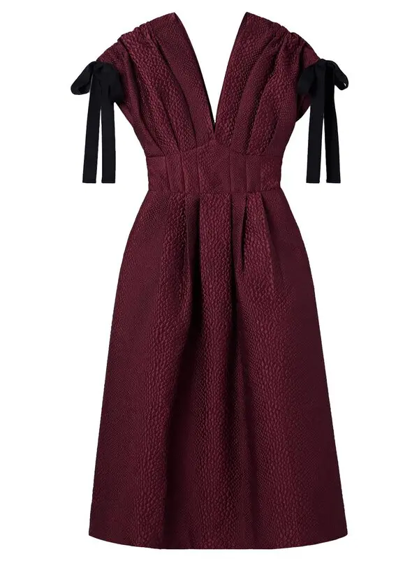 Sea Fayetta Bow-detailed Pleated Cloqué Midi Dress - Burgundy