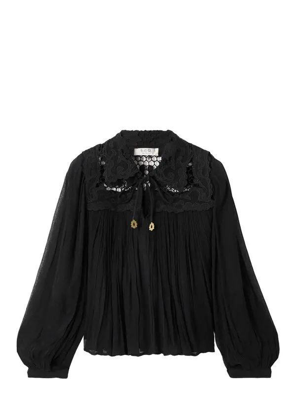 Sea Daphne Lace-trimmed Crinkled Crepon Blouse - Black
