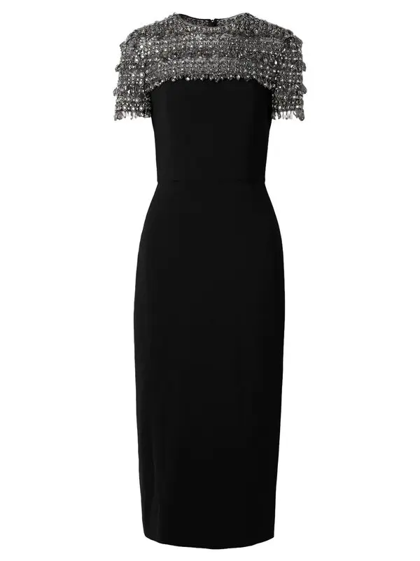 Carolina Herrera Crystal Embellished Tulle-trimmed Crepe Midi Dress - Black