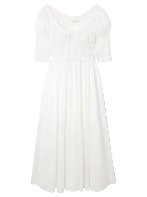 DÔEN Ischia Shirred Organic Cotton-blend Voile Midi Dress - White