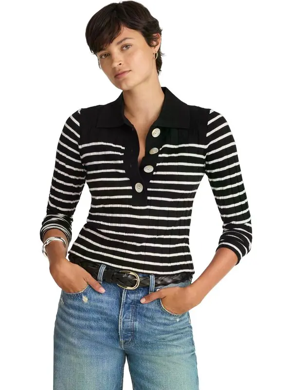Madewell Ribbed Stripe Knit Polo Sweater - Black And Ivory Stripe
