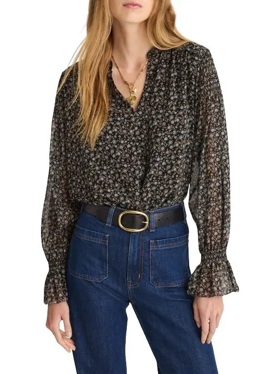 Madewell Semisheer Floral Split Neck Top - Jet Black