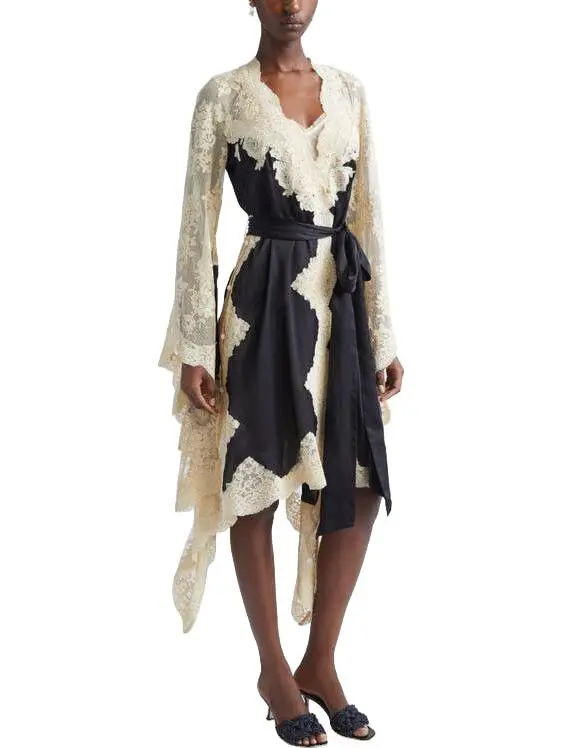 Zimmermann Hypnotic Long Sleeve Satin & Lace Wrap Dress - Beige/black