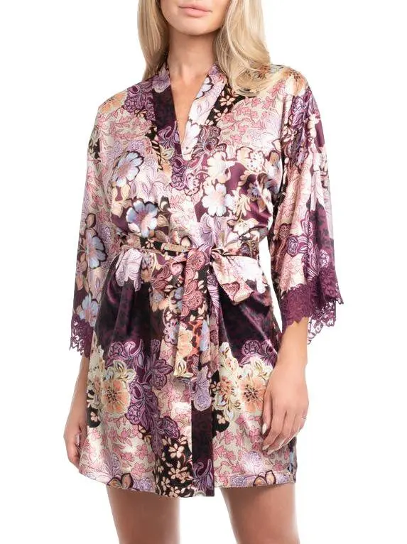 IN BLOOM BY JONQUIL Printed Lace Trim Satin Wrap - Plum