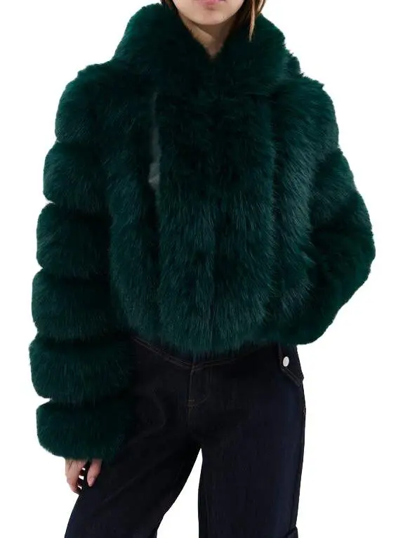 AZALEA WANG Faux Fur Cropped Hooded Jacket - Emerald