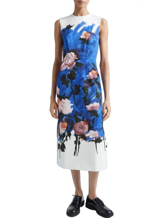Erdem Floral Sleeveless Pencil Midi Dress - Brushstroke Rose Cobalt Blue