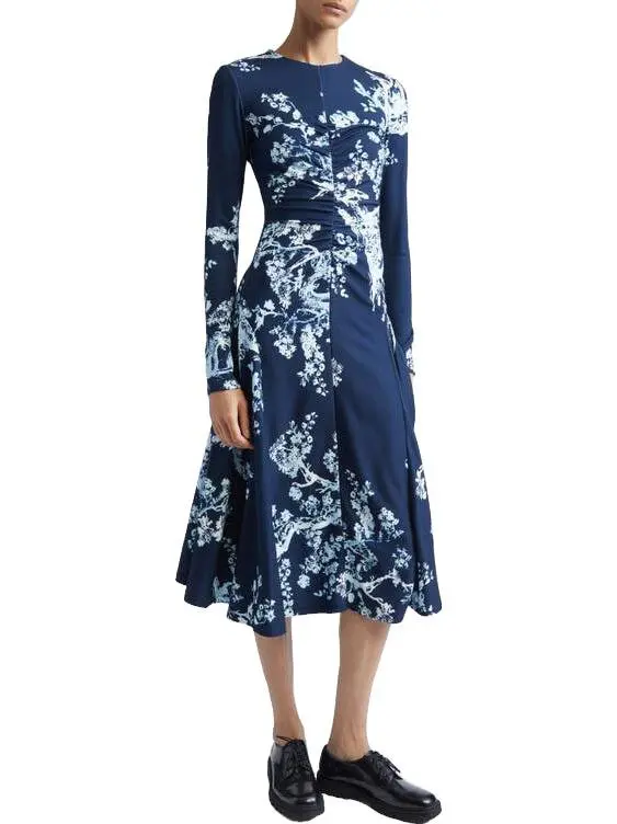 Erdem Print Long Sleeve Ponte Jersey Midi Dress - Cyanotype Etching Navy