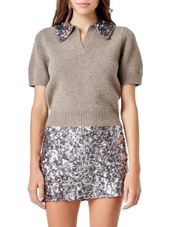 Endless Rose Sequin Collar Short Sleeve Sweater - Metal