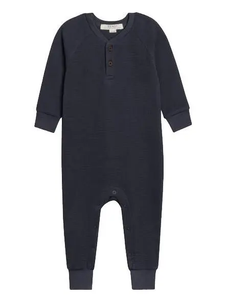KENDI Crosby Waffle Knit Henley Romper - Navy