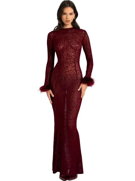MISS CIRCLE Patricia Leopard Burnout Velvet Maxi Dress - Burgundy