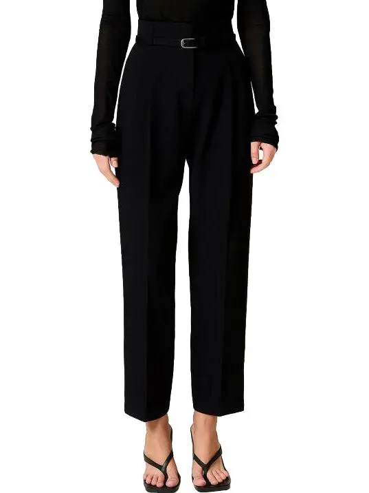 NOCTURNE Belted Pleated Trousers - Black