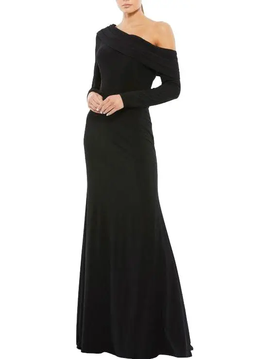 Mac Duggal Drop Shoulder Long Sleeve Column Gown - Black
