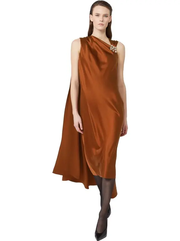 Max Mara Silk Satin Midi Dress With Cape Detail - Brown Bronze