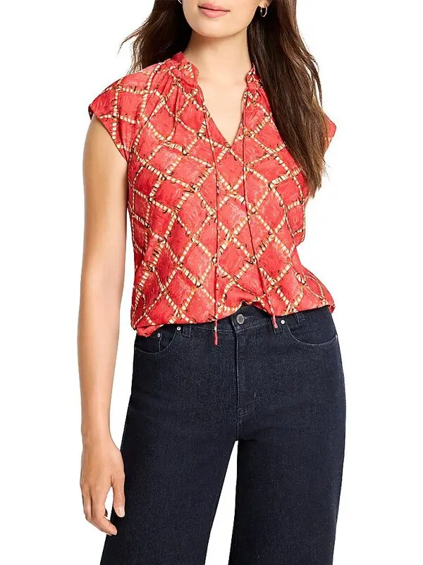 POINT Squiggle Check Cap-sleeve Top - Red Multi