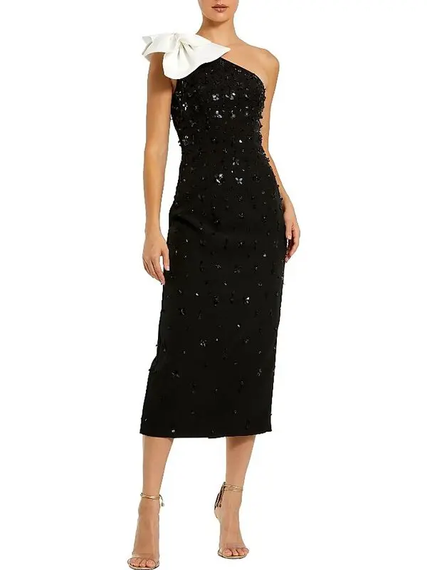 Mac Duggal Beaded Crepe One Shoulder Midi Dress With Bow - Black And White