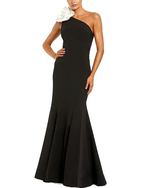 Mac Duggal Crepe One Shoulder Mermaid Gown With 3d Flower - Black Ivory