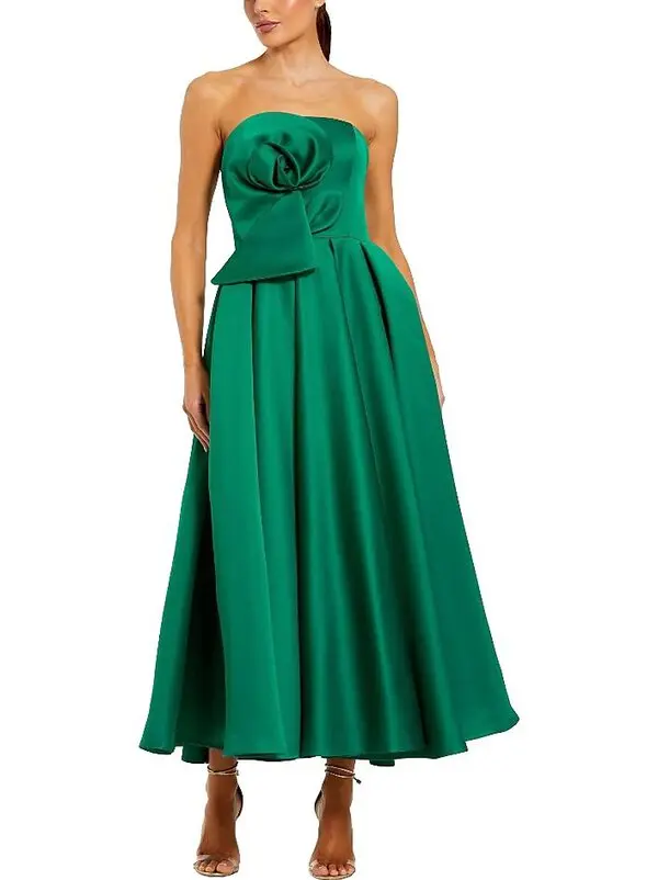 Mac Duggal Strapless Satin A-line Midi Dress With 3d Flower - Emerald