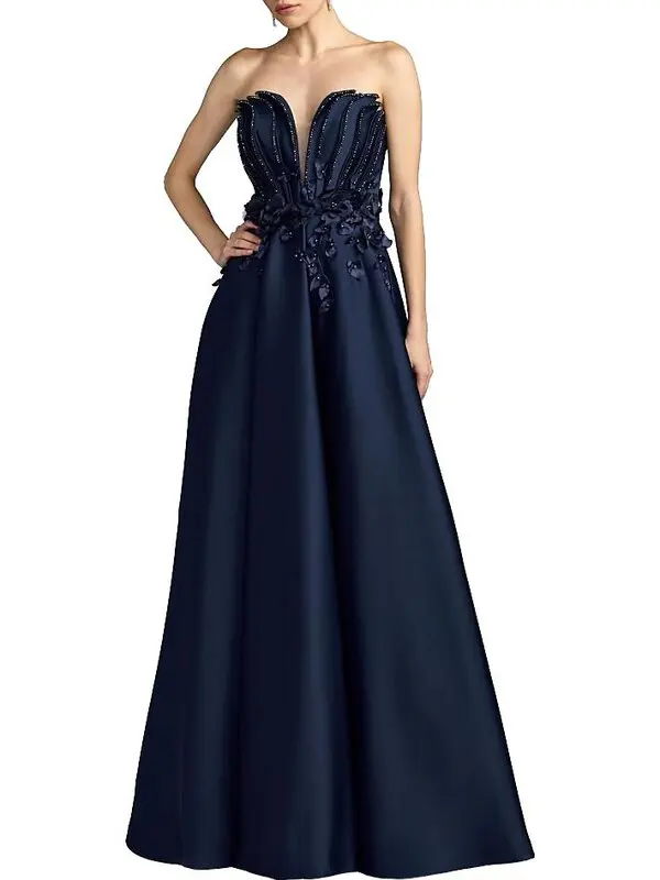 Mac Duggal Strapless Floral Embellished Gown - Navy
