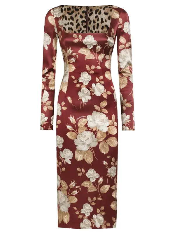 Dolce & Gabbana Vintage Rose- Fitted Satin Dress - Print
