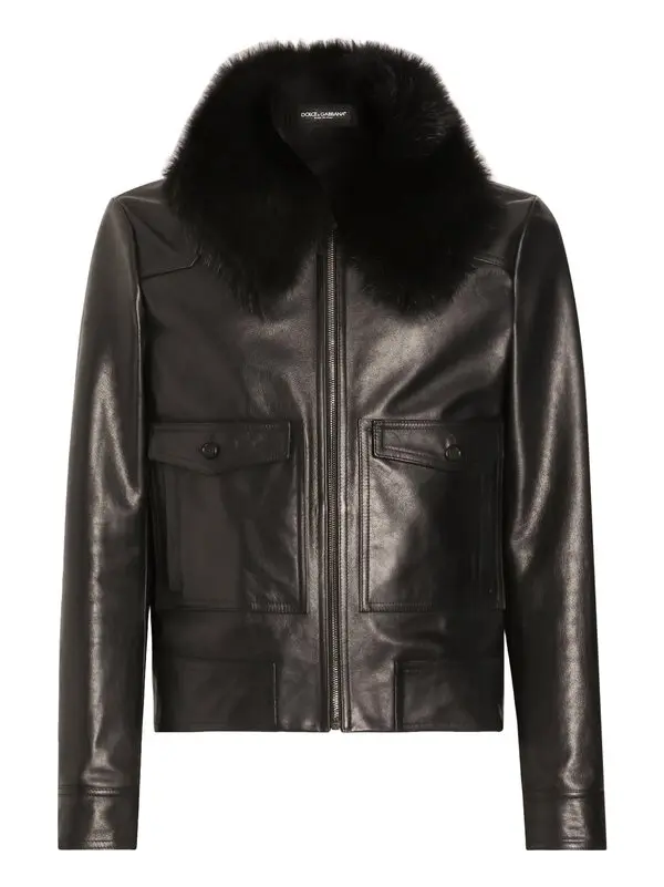 Dolce & Gabbana Single-breasted Leather Jacket With Fur Collar - Black