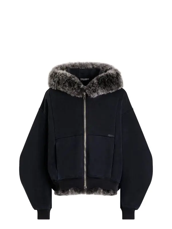 Dolce & Gabbana Hooded Zip-up Sweatshirt With Fur Trim - Black