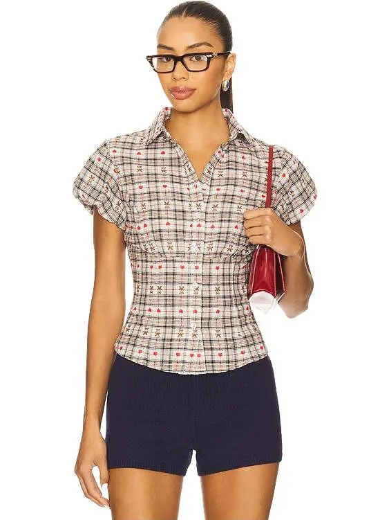 GUIZIO Liana Plaid Top - Bear Plaid