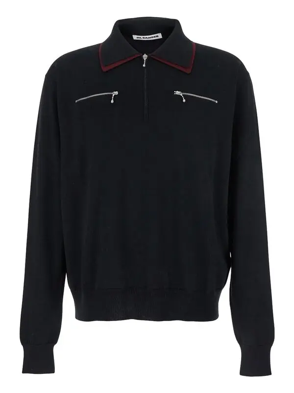 JIL SANDER Sweater With Classic Collar And Front Zip Pockets - Black