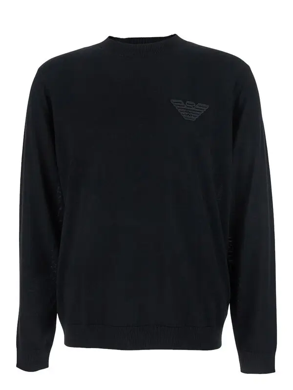 Emporio Armani Crewneck Wool Sweater With Logo Embroidery - Black