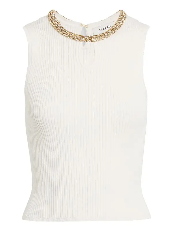 Sandro Crystal-embellished Ribbed-knit Top - White